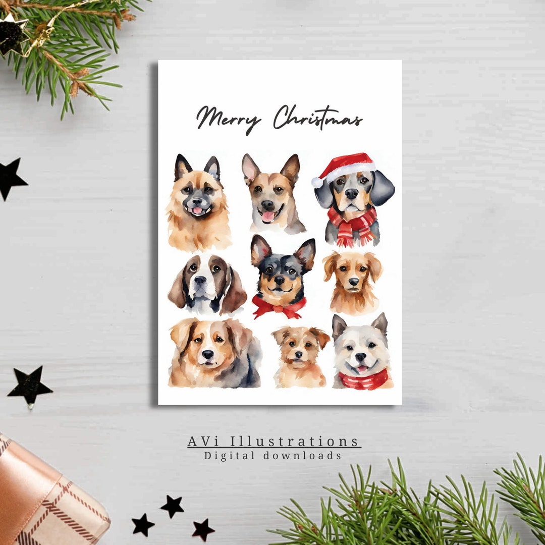 Printable Christmas Card of Cute Dog Portraits in Watercolor, Print at ...