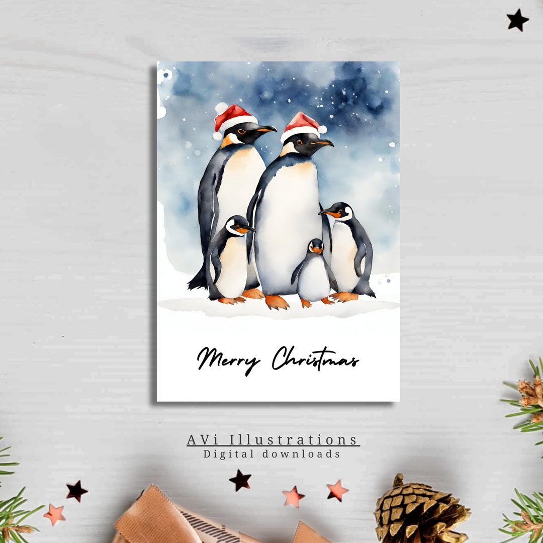 Printable Christmas Card of Cute Penguin Family in Watercolor - Etsy