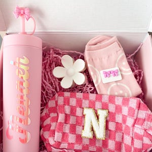 Custom Tween Girl Gift Box: Pink Tumbler, Checkered Makeup Bag - Etsy