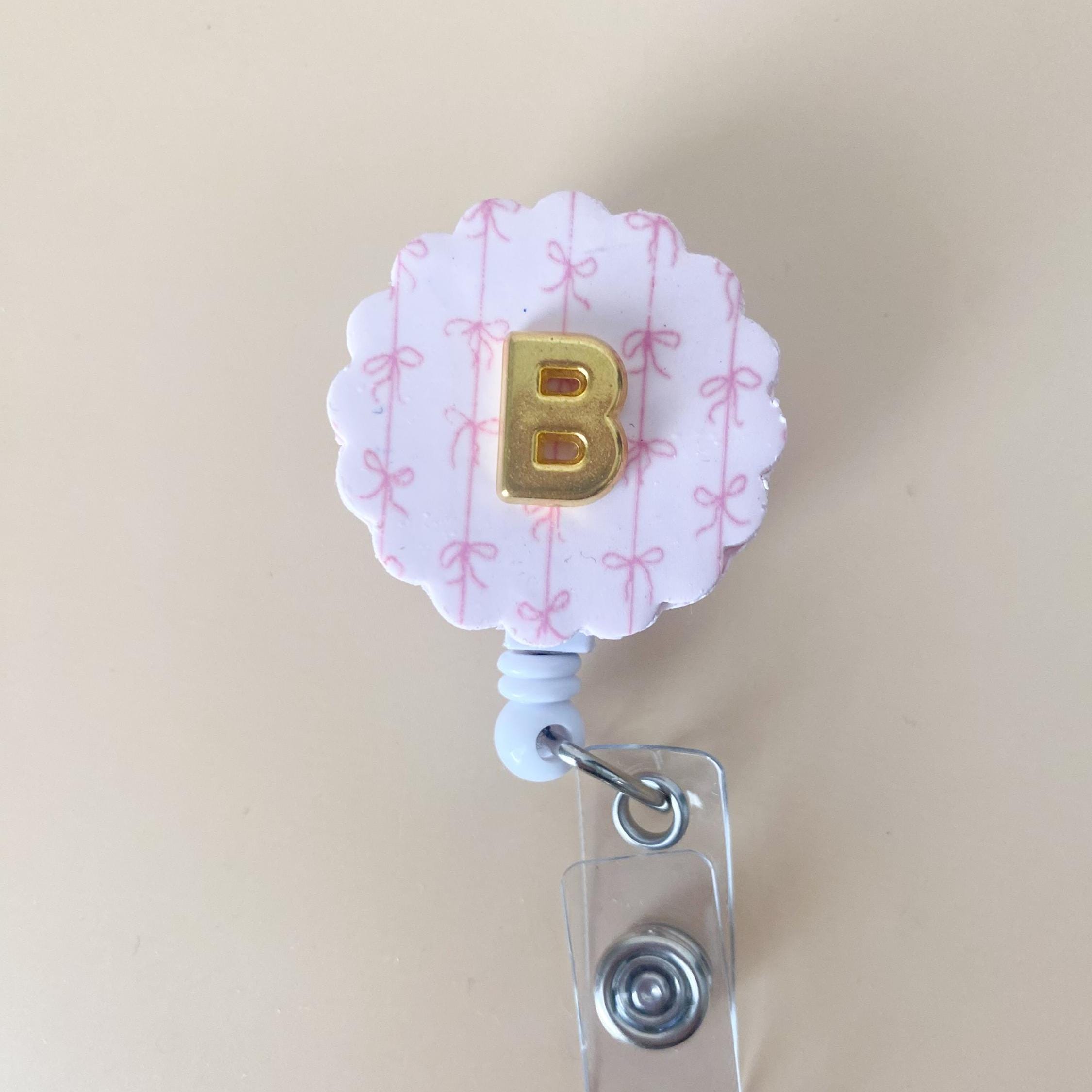Clay Badge Reel Bow Badge Reel With Initial Badge Clip Cute Nurse ...