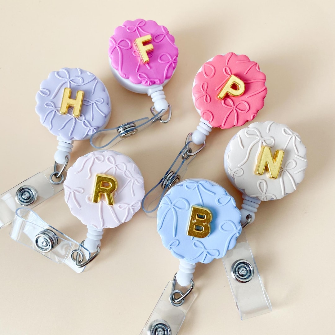 Clay Badge Reel Bow Badge Reel With Initial Badge Clip Cute Nurse ...