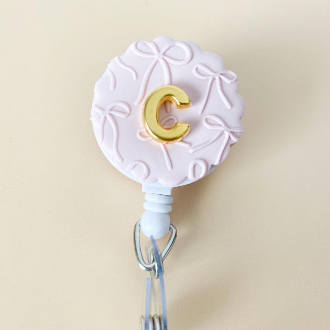 Clay Badge Reel Bow Badge Reel With Initial Badge Clip Cute Nurse ...