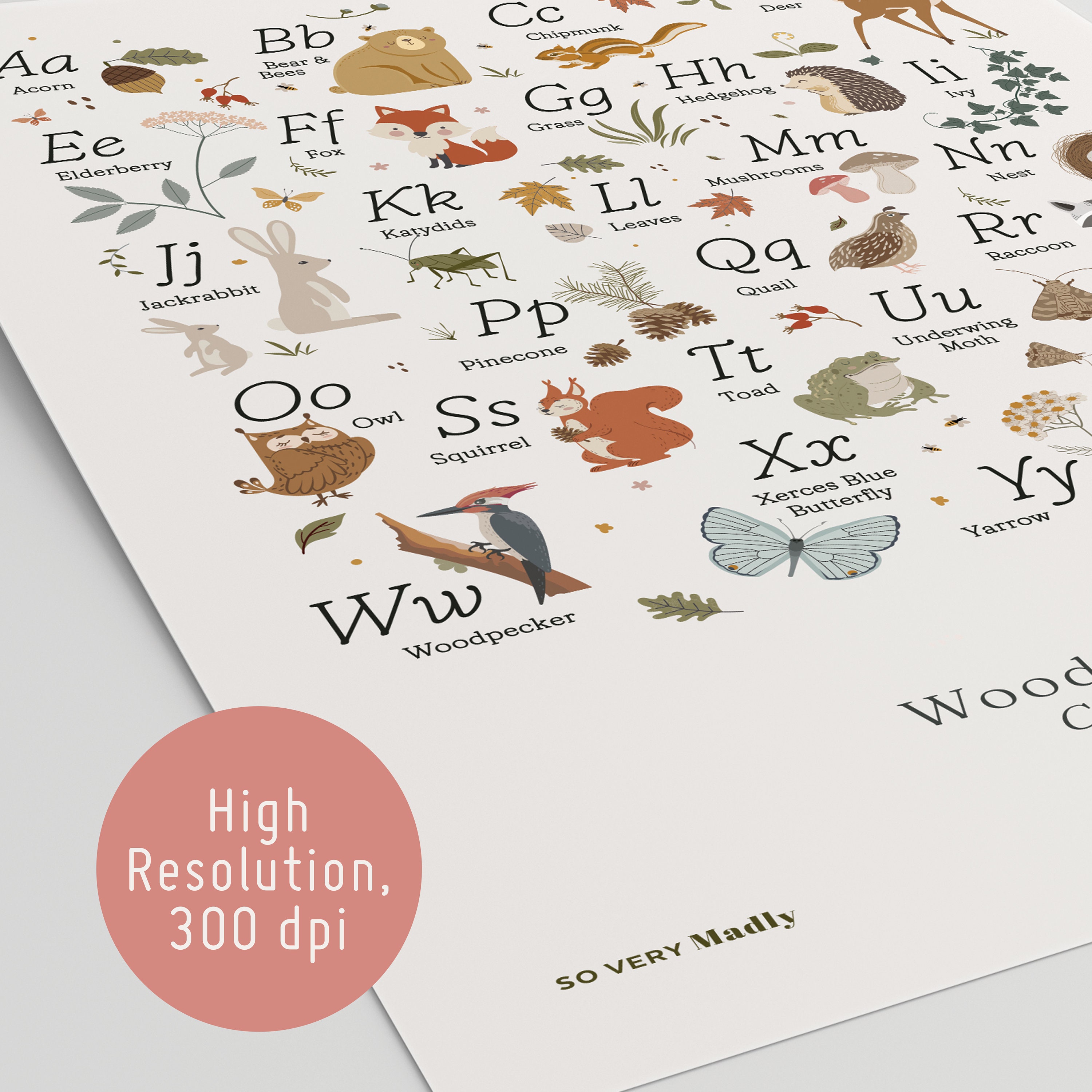 Woodland Life Alphabet Poster, Learn Your ABC, Kids Room, Education ...