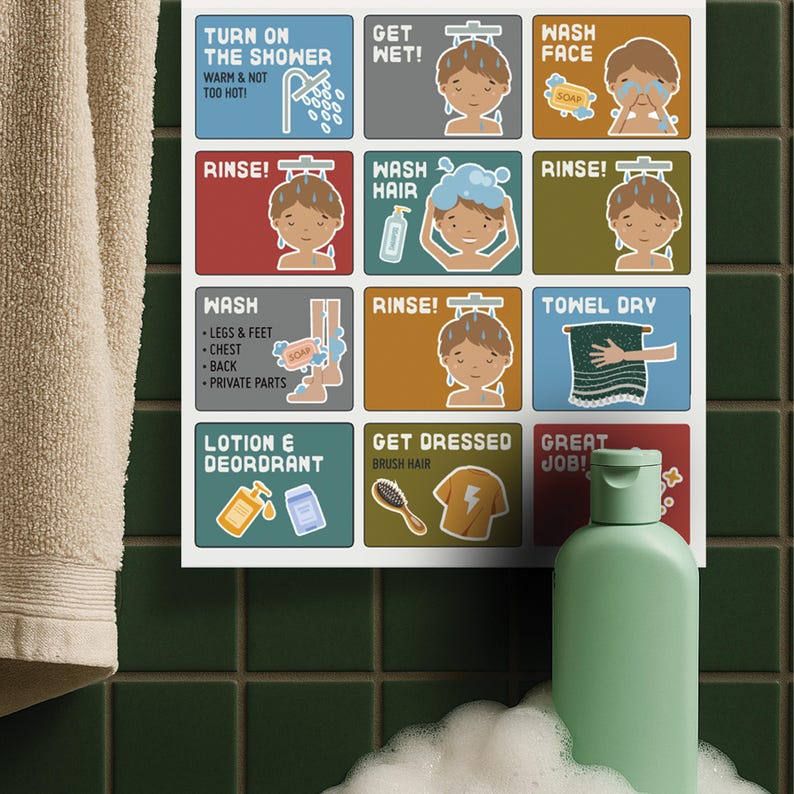 Kids Shower Routine Chart: Visual Schedule With Icons (corjl Template ...