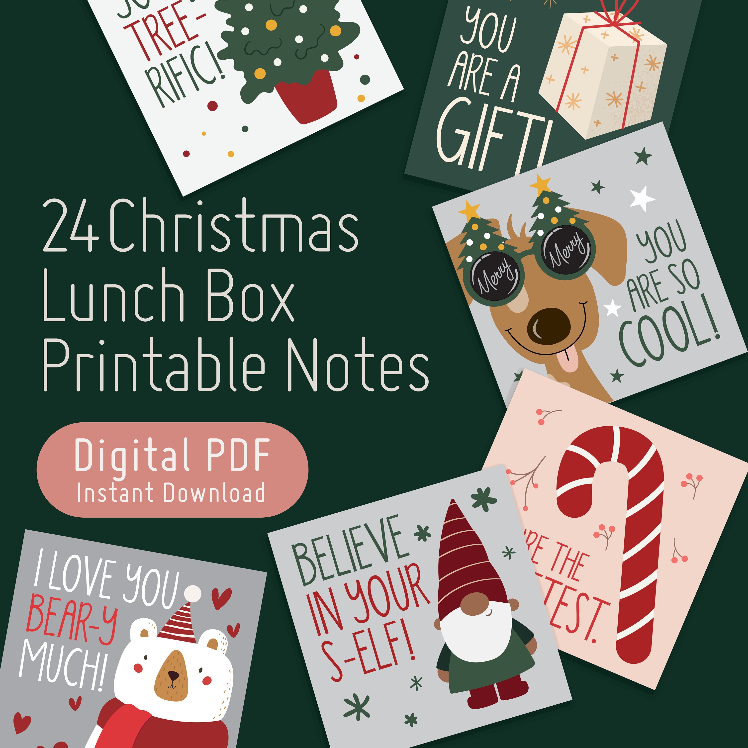 24 Christmas Kids Lunch Box Notes, Cute Lunchbox Notes, Printable Lunch ...