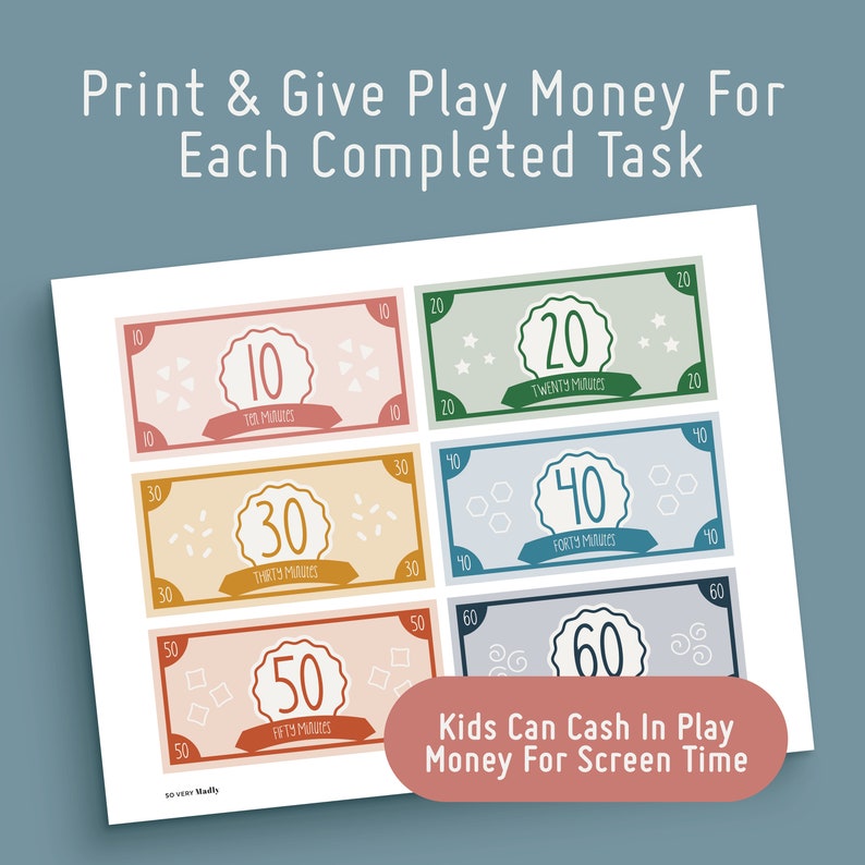 Reward Screen Time Chart With Play Money, Kids Chore Chart, Play Money ...