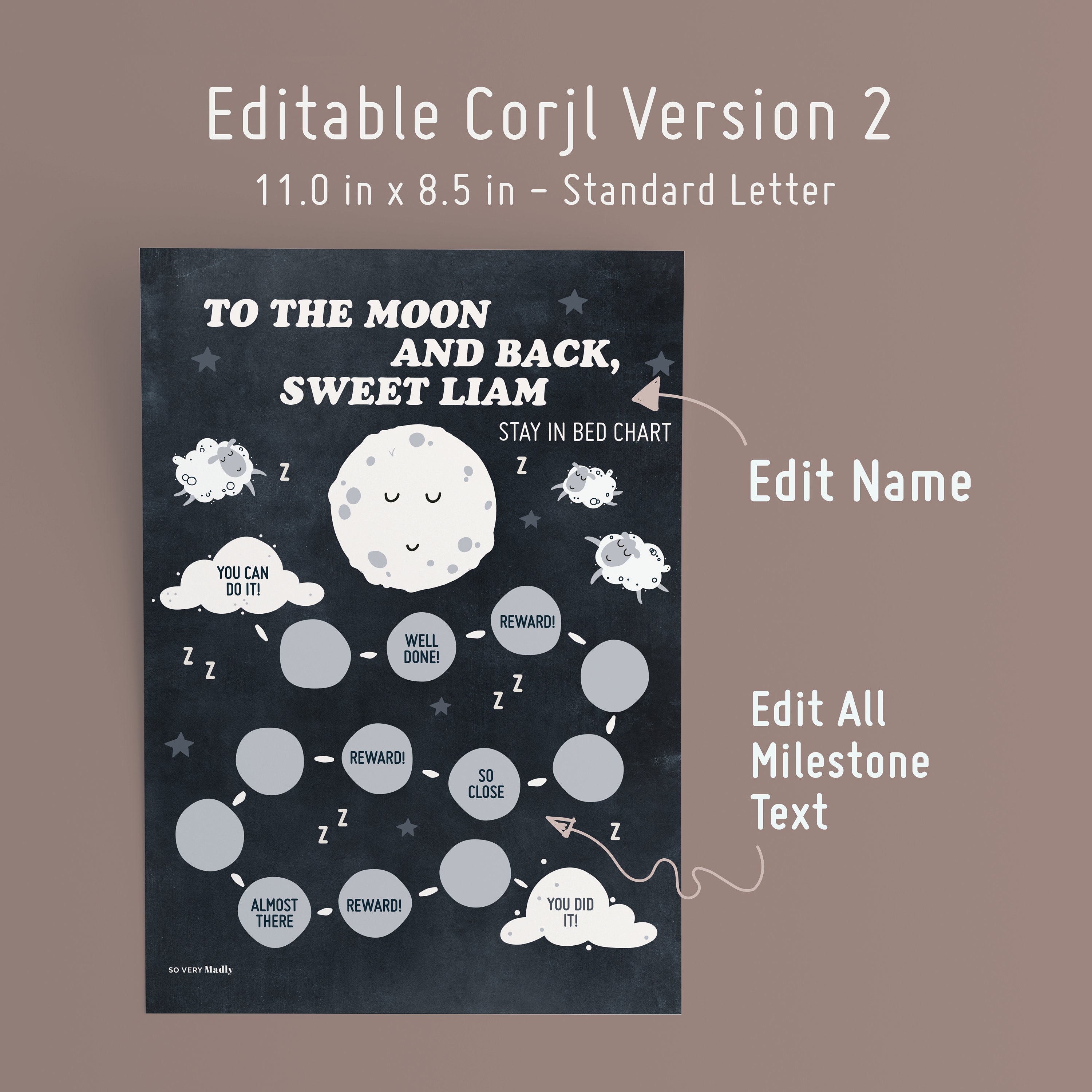 Moon Stay in Bed Chart: Printable Bedtime Reward (PDF, Editable Corjl ...