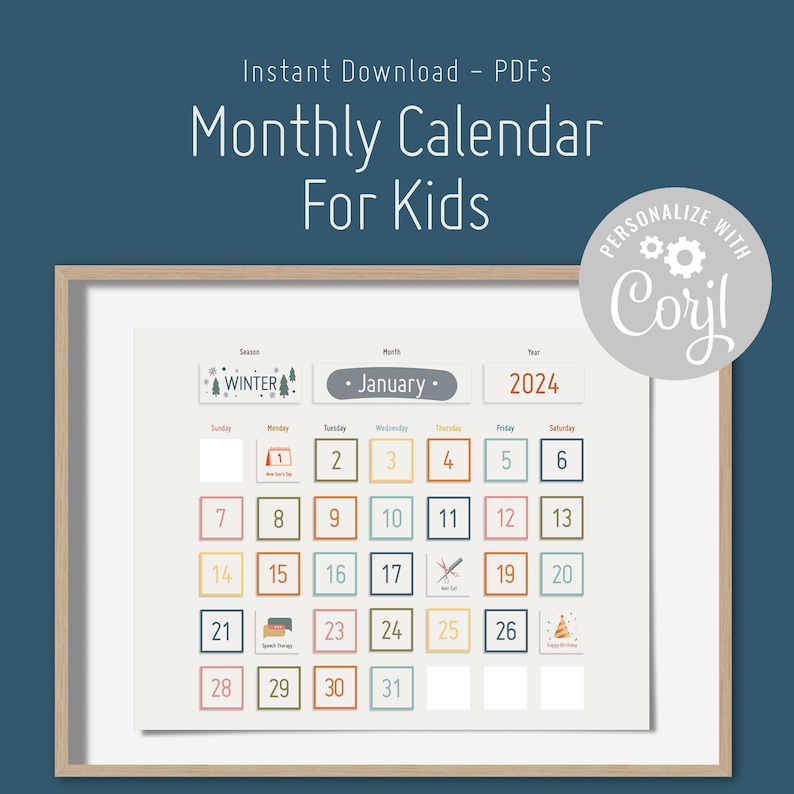 Monthly Calendar for Kids, Learning Calendar, Perpetual Toddler ...