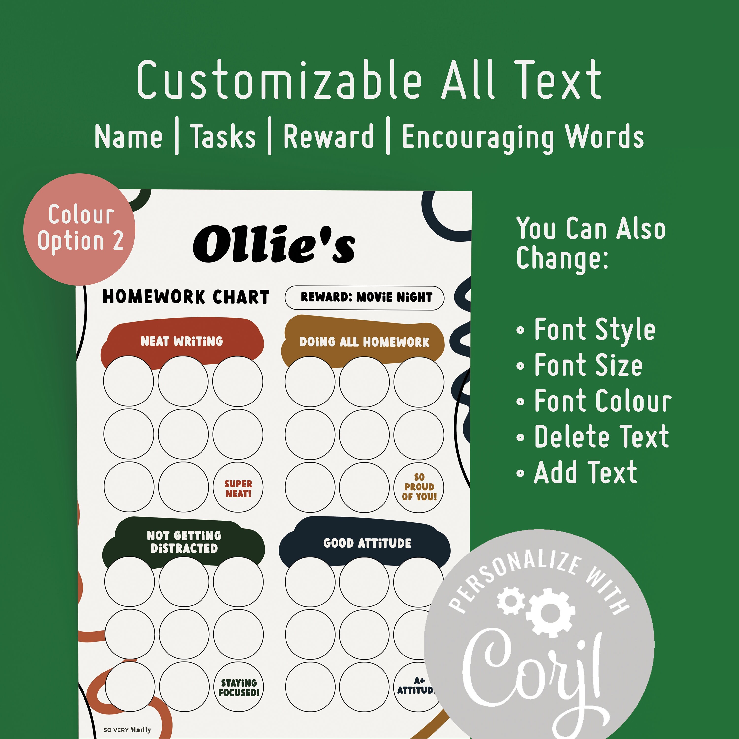 Kids Customizable Homework Chart With Rewards | Editable and Printable ...