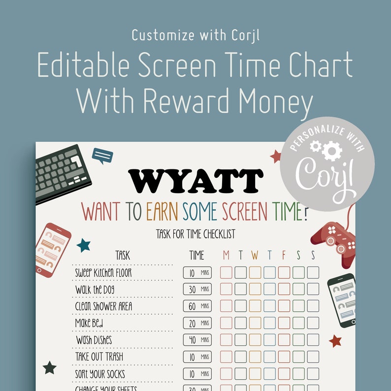 Reward Screen Time Chart With Play Money, Kids Chore Chart, Play Money ...