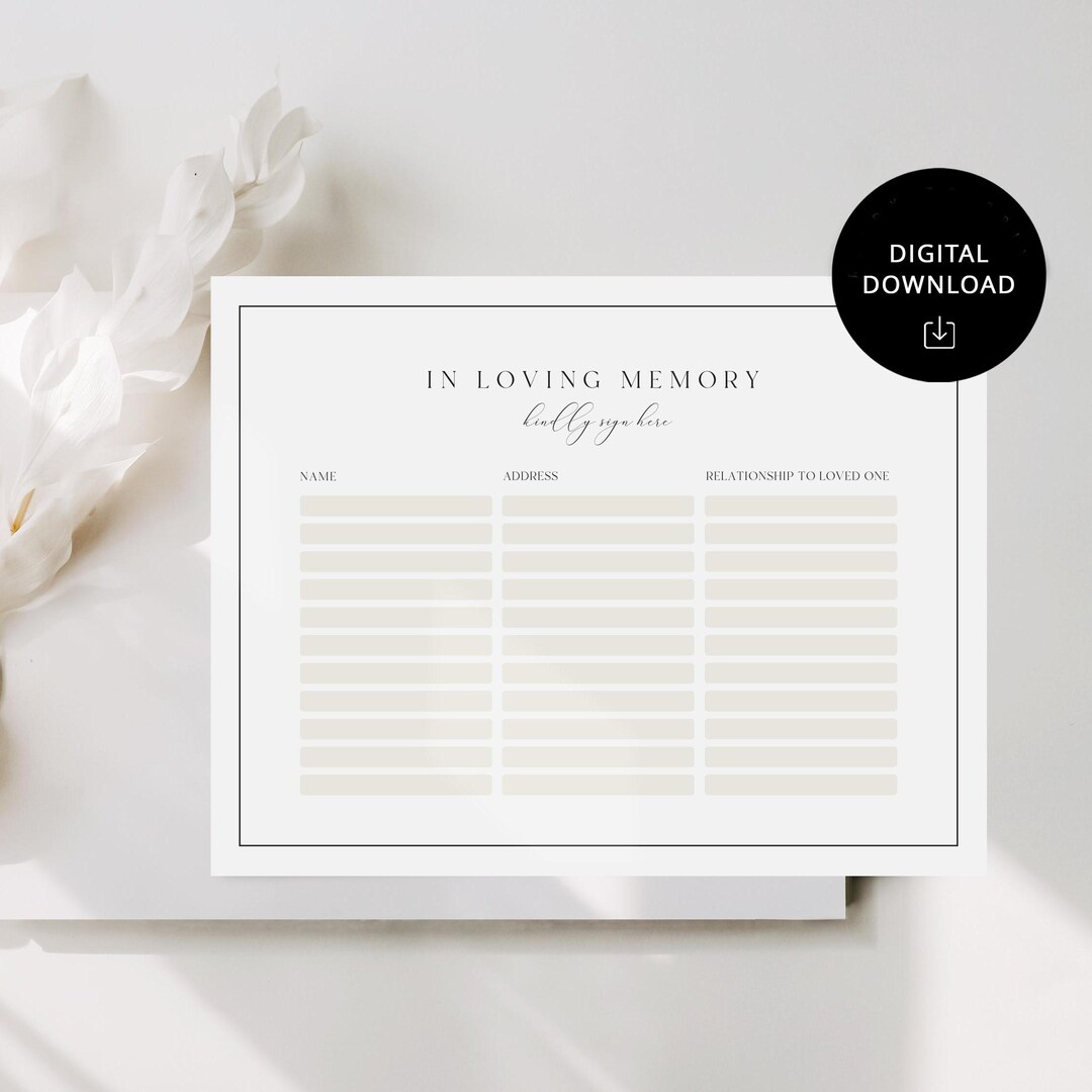 Funeral Sign in Sheet, Printable Funeral Guest Book Insert, Instant Download Direct Download ...