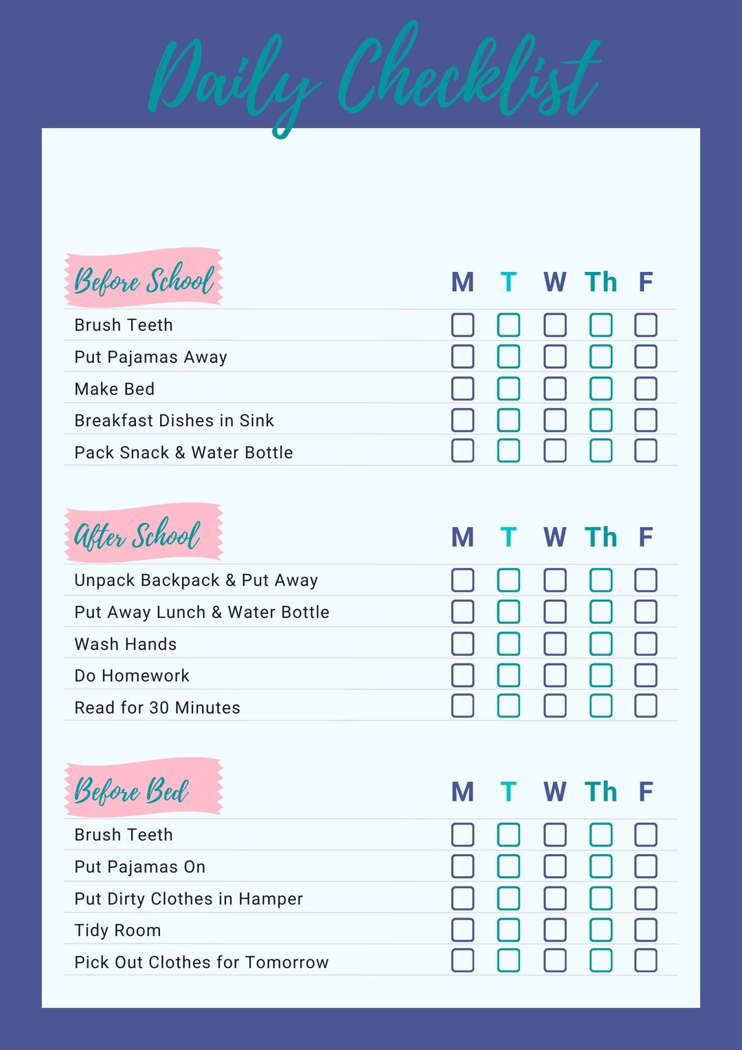 Colorful Weekly Checklist for Kids - Etsy Canada