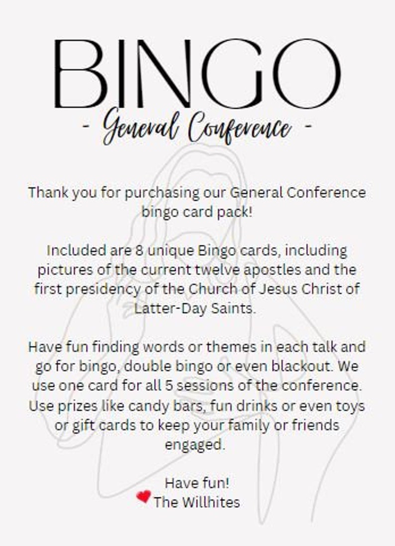 LDS General Conference Bingo Card Set of 8 - Etsy