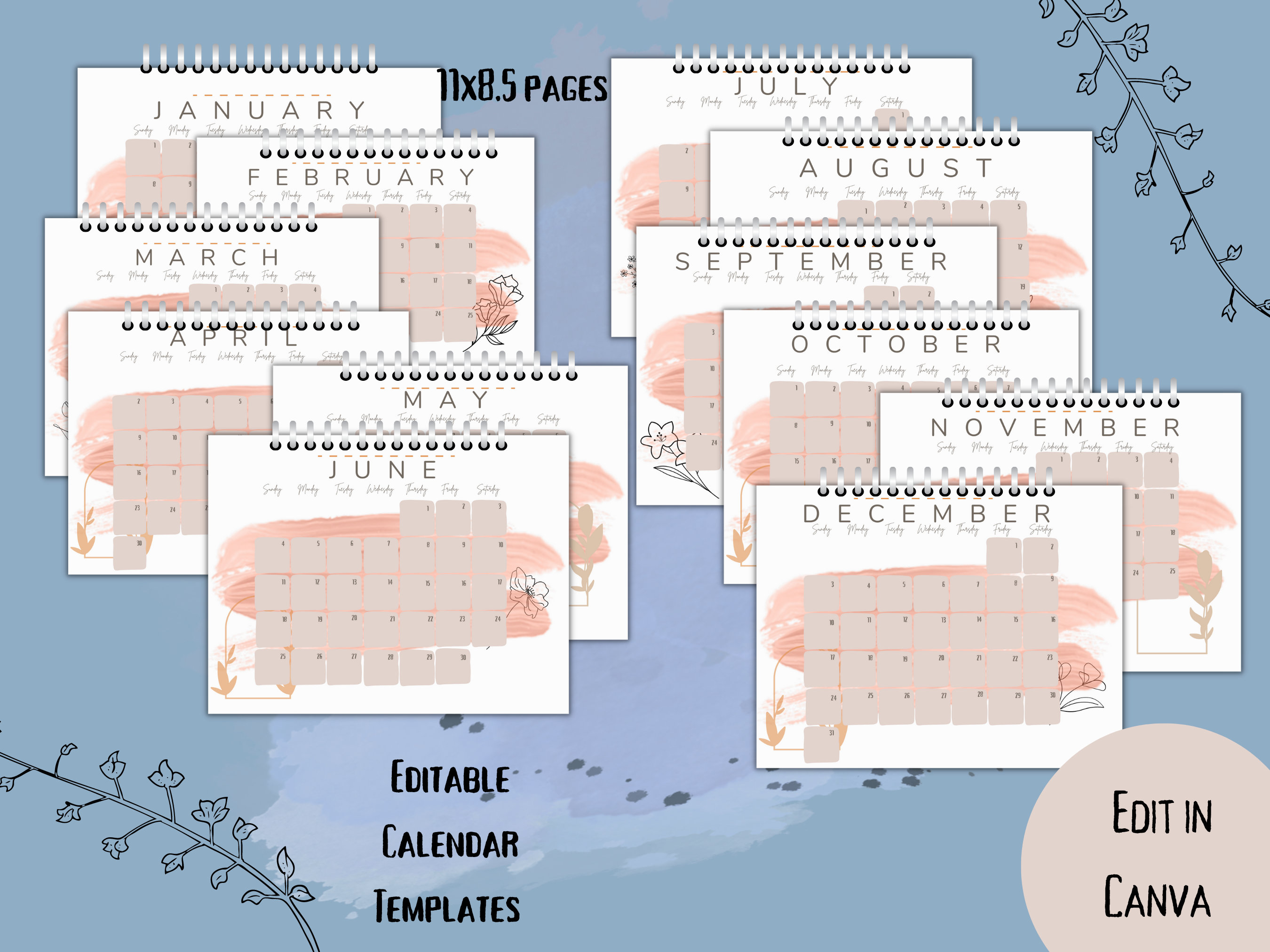 2023 Calendar 11x8.5 Printable Editable Digital Calendar - Etsy