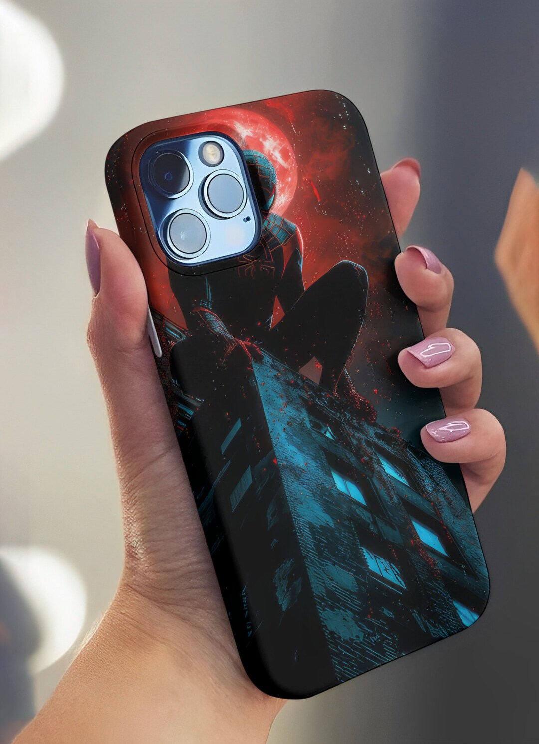Black Spiderman on Building With Red Moon Phone Case, Dark Blue ...