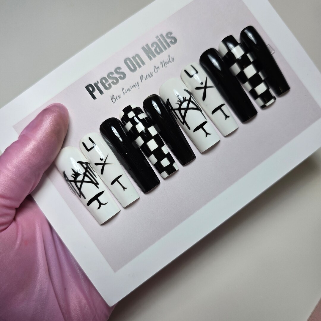 Sleep Token Inspired Hand Painted White and Black Nails. Square Nails ...