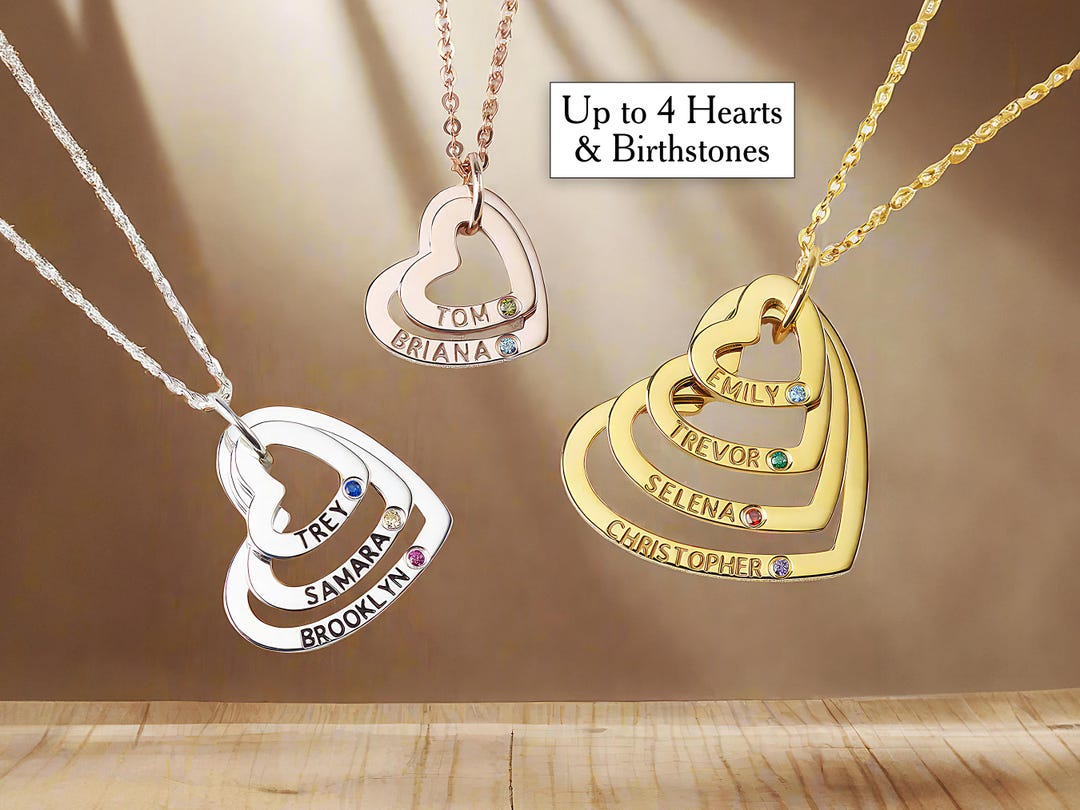 Mother Necklace With Kids Names Birthstone Hearts Necklace Name ...
