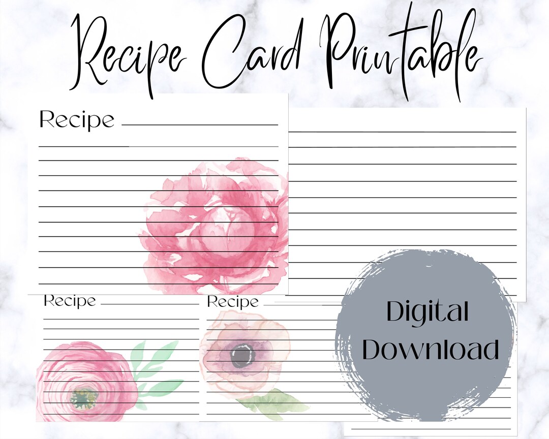 Printable Floral Recipe Cards - Instant Download - 4 Printable Recipe ...