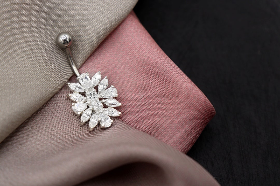 Prong Sterling Silver Belly Bar Sterling Silver Flower Belly - Etsy