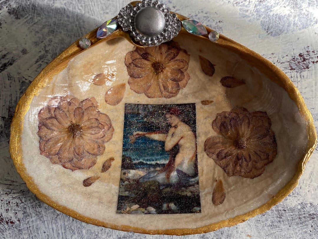 Mermaid Dried Roses Clam Shell Jewelry Dish Handmade Decoupage Hand ...