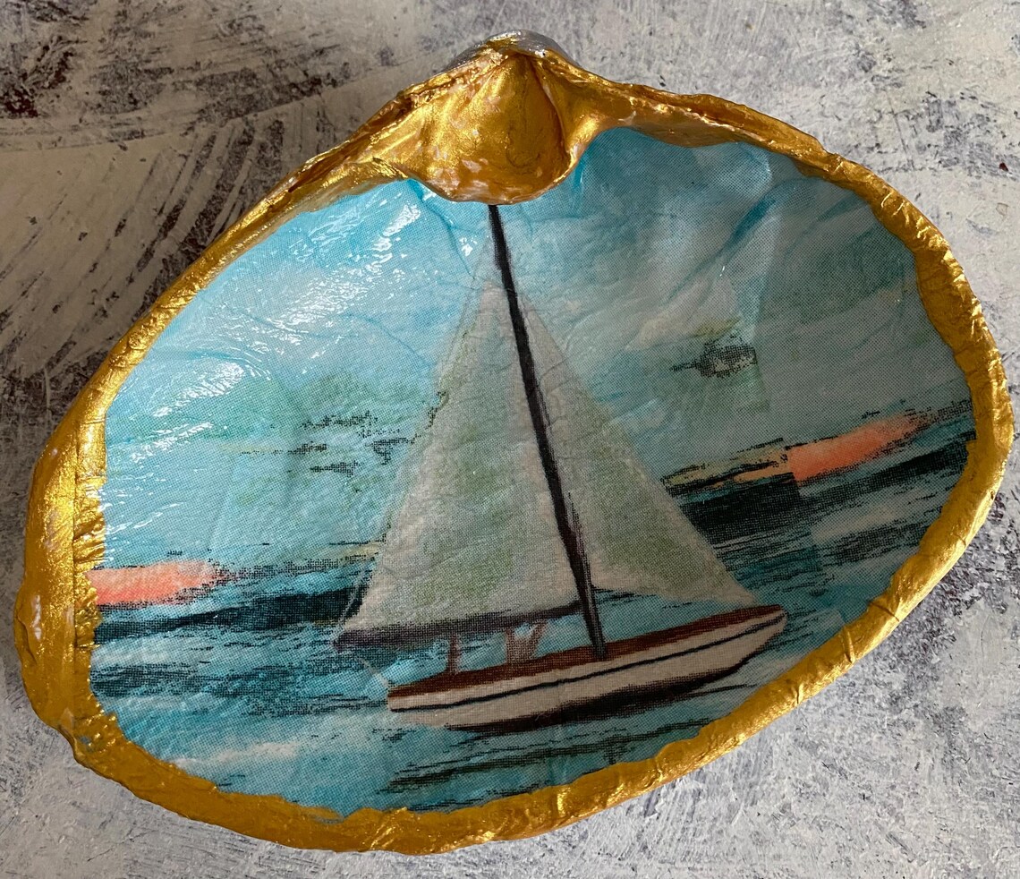 Extra Large Clam Shell Jewelry Dish Handmade Decoupage Hand Painted ...