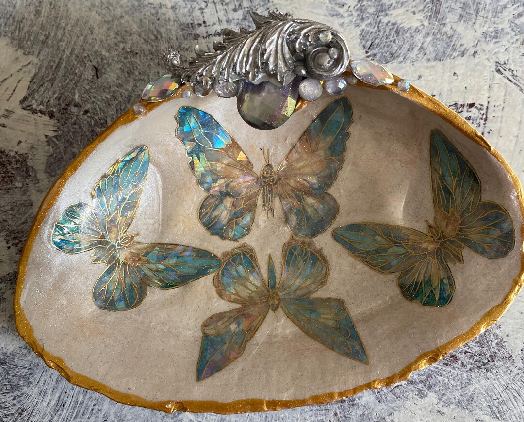 Blue Butterfly Clam Shell Jewelry Dish Handmade Decoupage Hand Painted ...