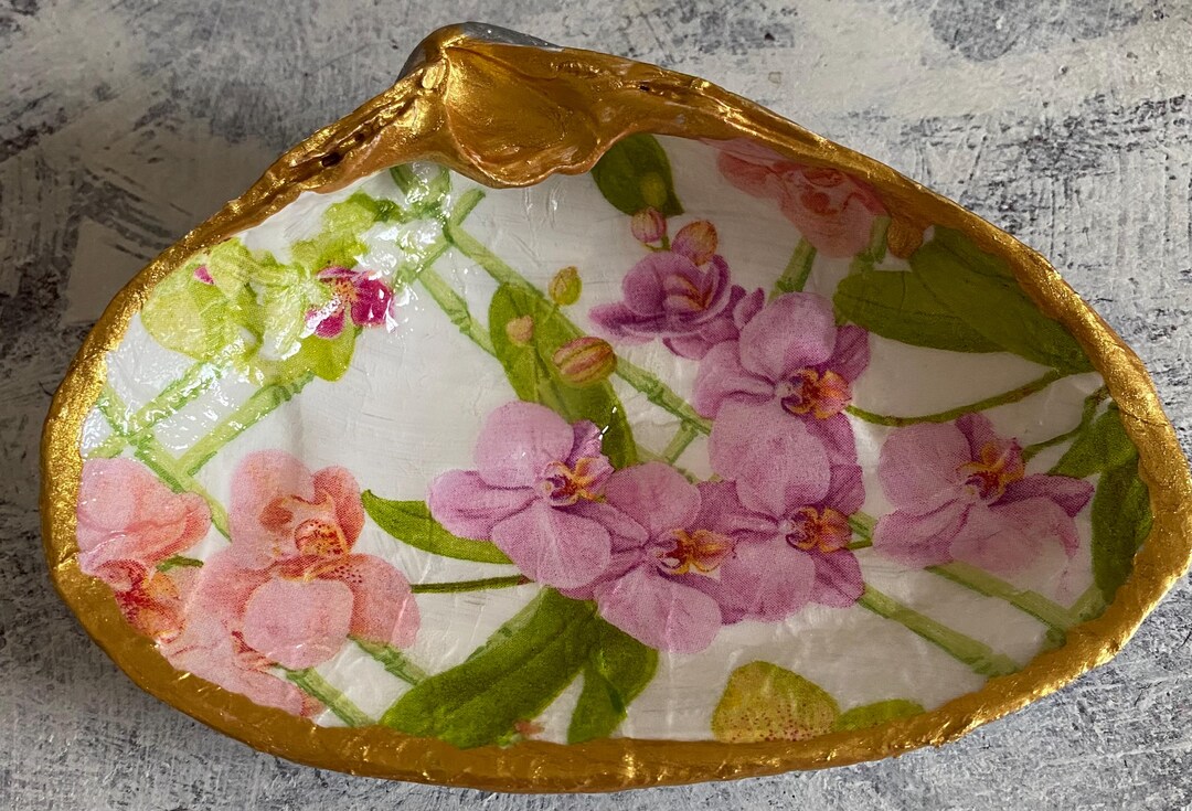 Extra Large Clam Shell Jewelry Dish Handmade Decoupage Hand Painted ...