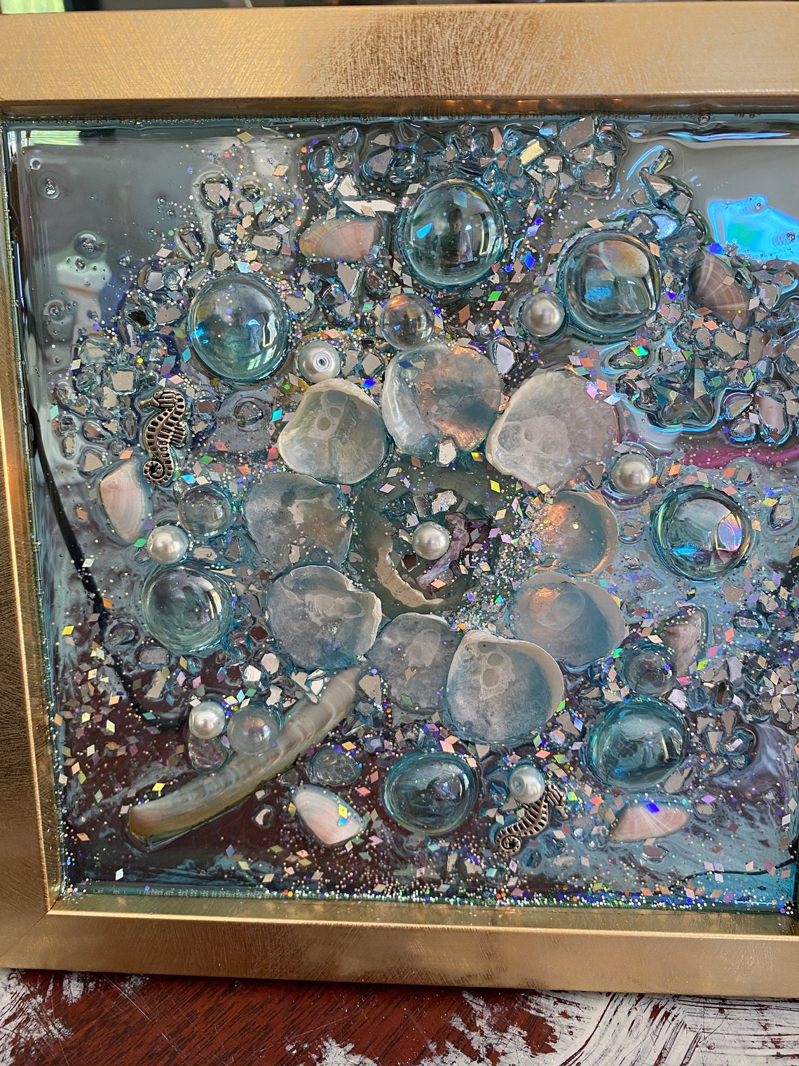 Sea Shell Glass Window Art Coastal Seascape Resin Art Free Standing ...