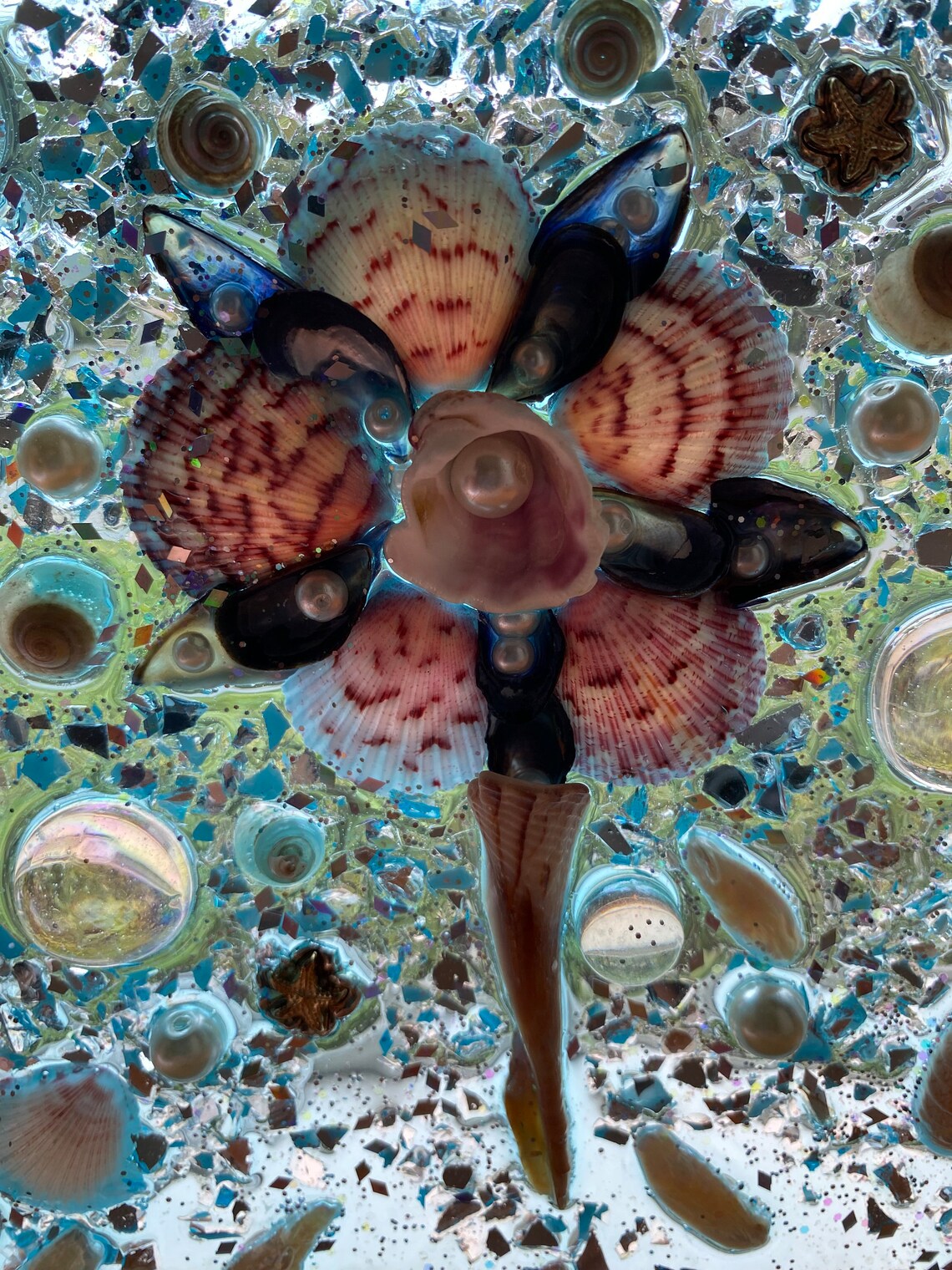 Sea Shell Glass Window Art Coastal Seascape Resin Art/ Shell Medley ...