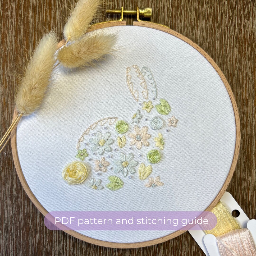 Rabbit Embroidery Pattern Easter Bunny Year of the Rabbit Pastel Floral ...