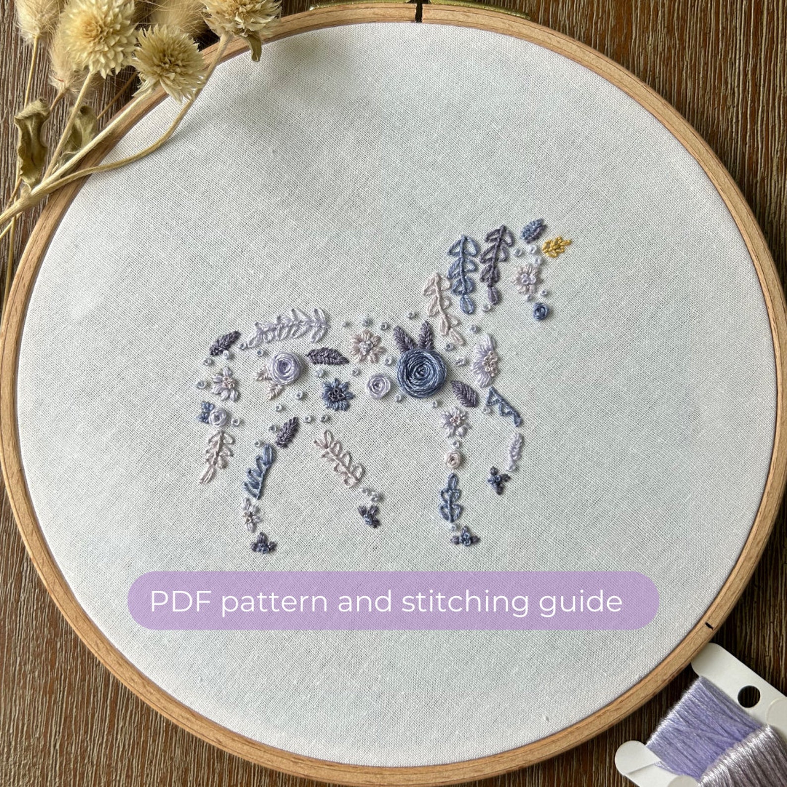 Unicorn / Horse Embroidery Pattern | Fantasy | Floral Design | Purple ...
