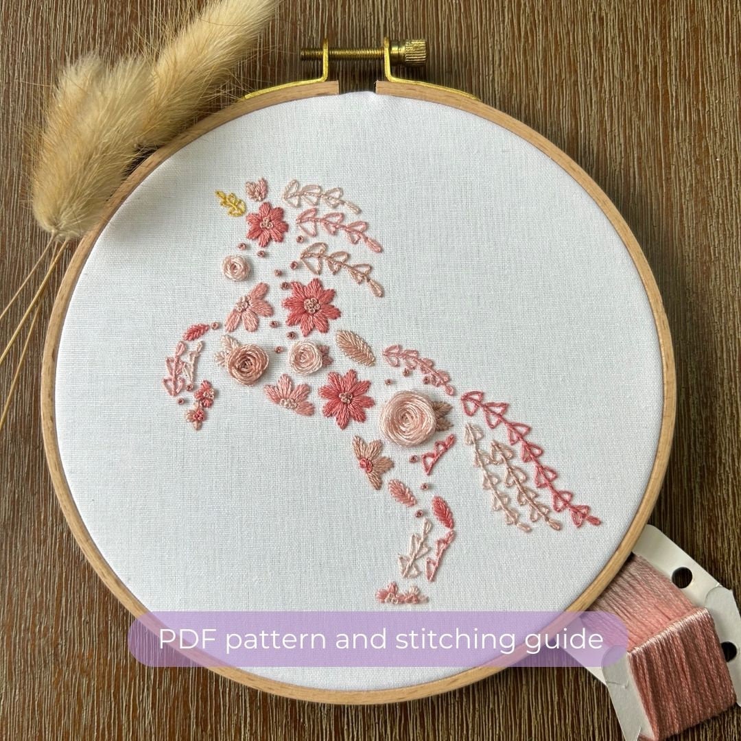 Unicorn / Horse Pink Embroidery Pattern | Fantasy | Floral Design ...