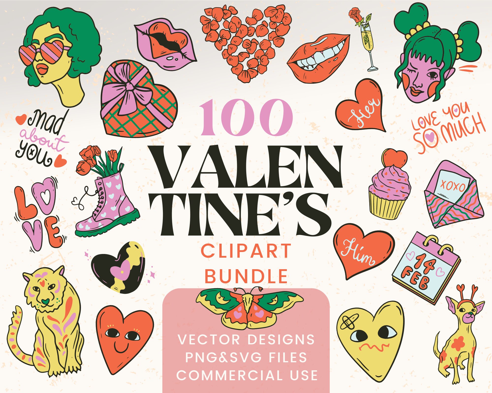 Valentine's Day Clipart Valentine's Day Vector Art, 100 Graphics, Love ...