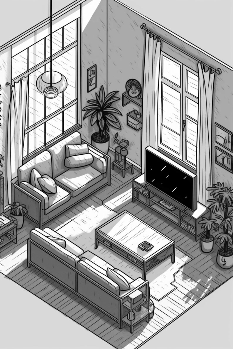 Grayscale Interior Design Coloring for Adults Printable PDF - Etsy