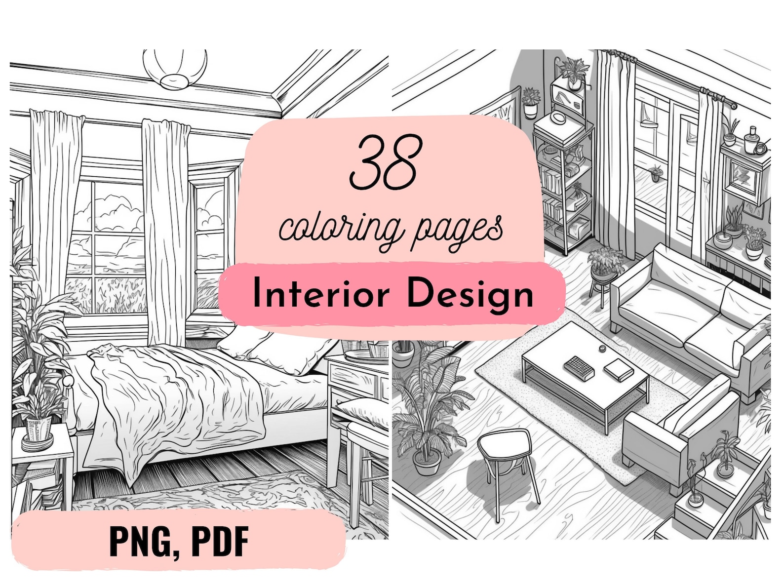 Grayscale Interior Design Coloring for Adults Printable PDF - Etsy