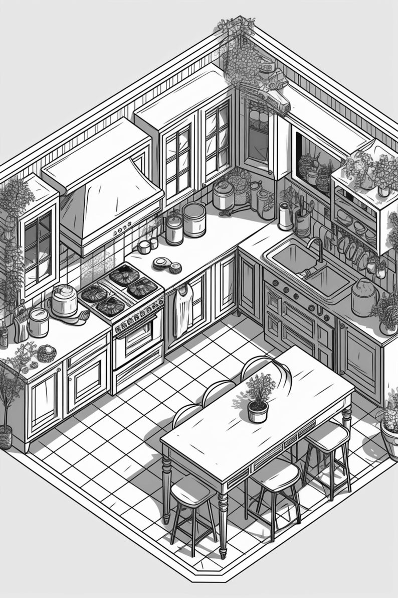 Grayscale Interior Design Coloring for Adults Printable PDF - Etsy