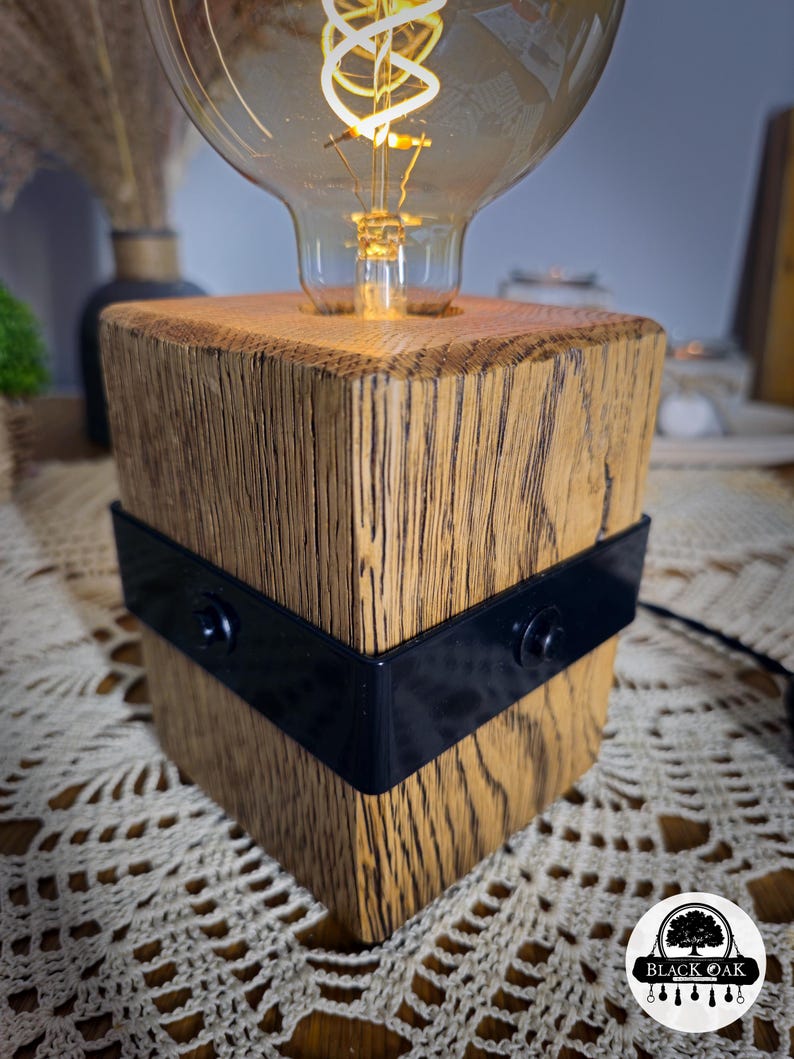 Wooden Table Light – Dimmable Handmade Oak Bedside Desk Light, Rustic ...