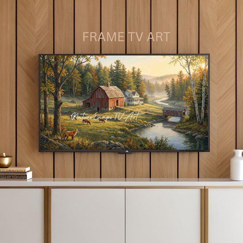 New England Farm House Red Barn Samsung Frame TV Art, Summer Country ...