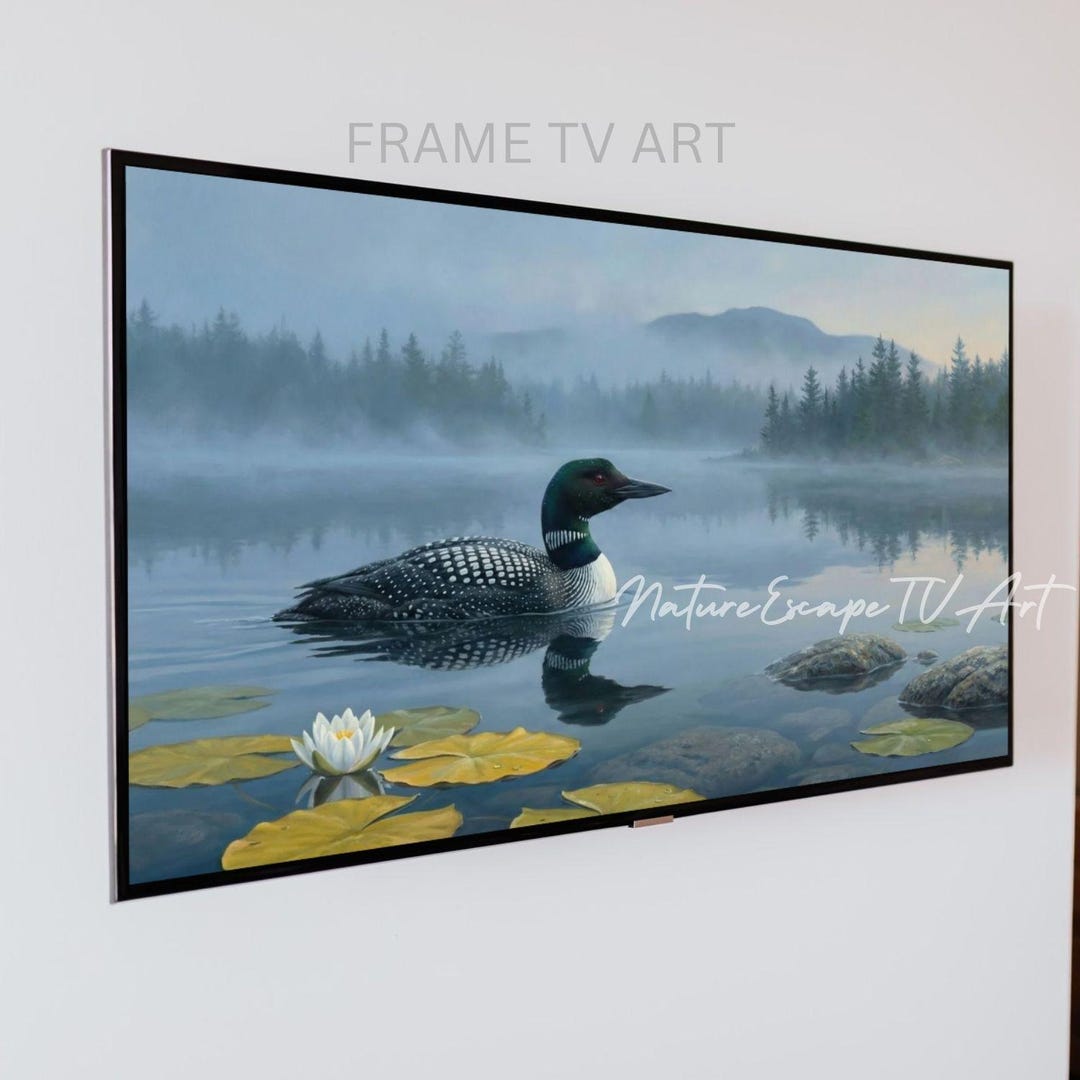 Dawn Misty Lake Common Loon Frame TV Art , Rustic Maine Wildlife ...