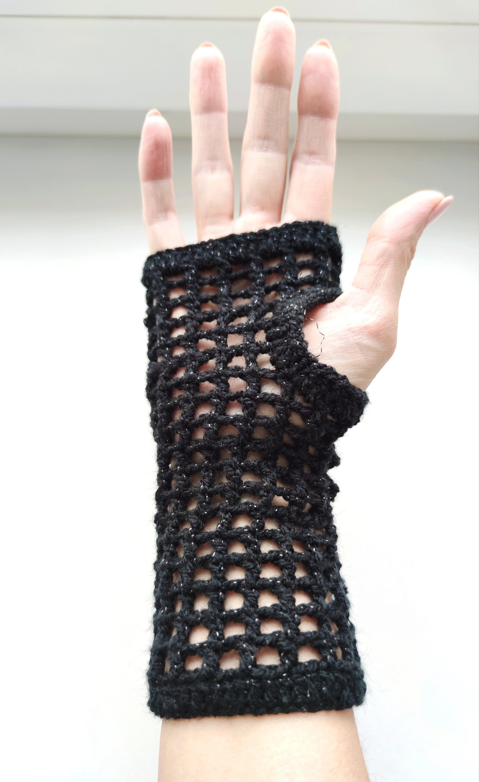 Skull Black Gloves, Gothic Metalic Silver Black Gloves, Skull Crochet ...