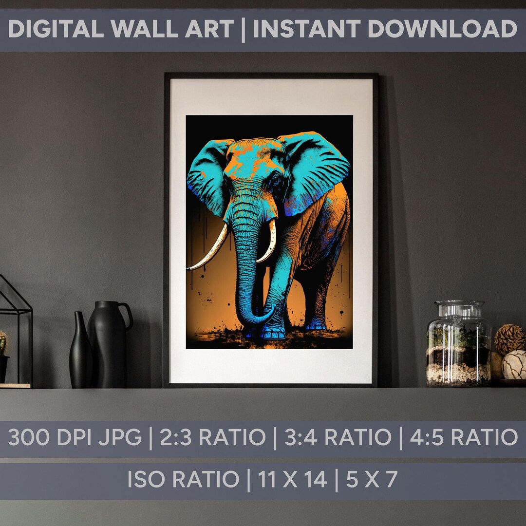 Elephant Pop Art Digital Painting No. 2 Printable Wall Art, Instant ...