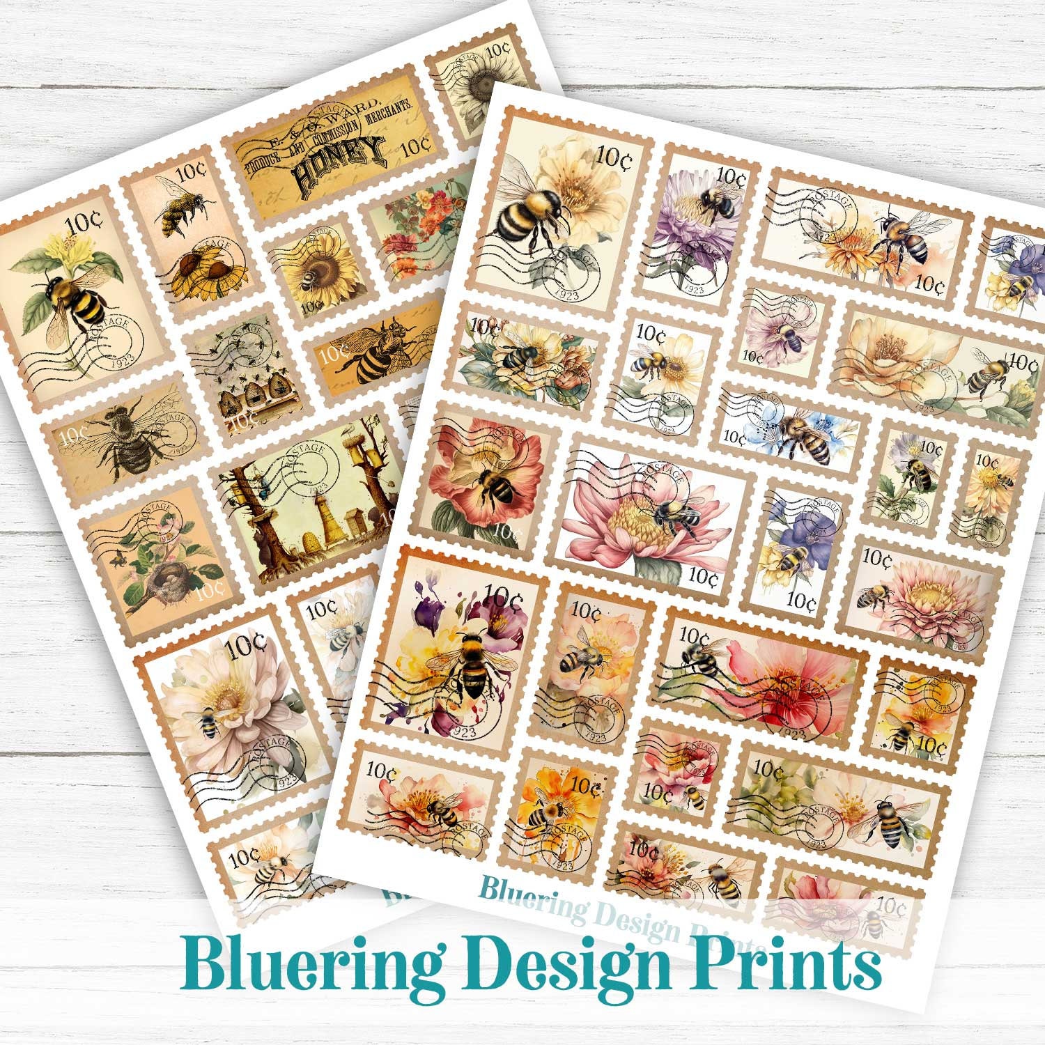 Bees and Flowers Postage Stamps Printable Cricut Scrapbook Digital ...