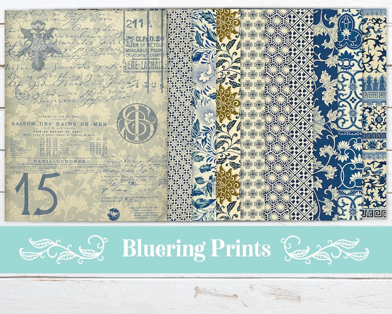 Vintage Blue Pattern Paper Pack: Digital Junk Journal Kit (digital ...