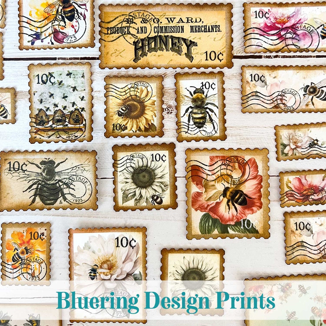 Bees and Flowers Postage Stamps Printable Cricut Scrapbook Digital ...