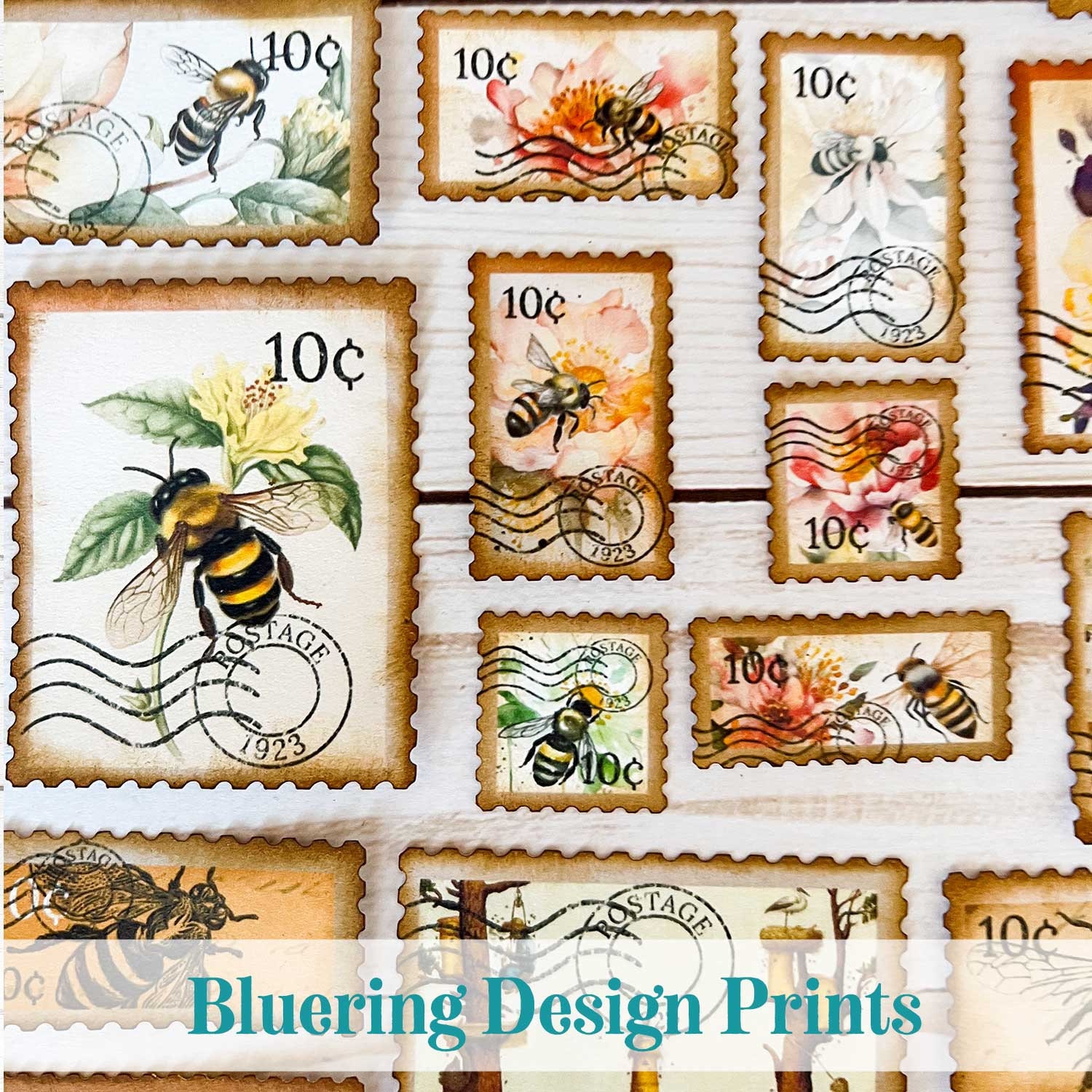 Bees and Flowers Postage Stamps Printable Cricut Scrapbook Digital ...