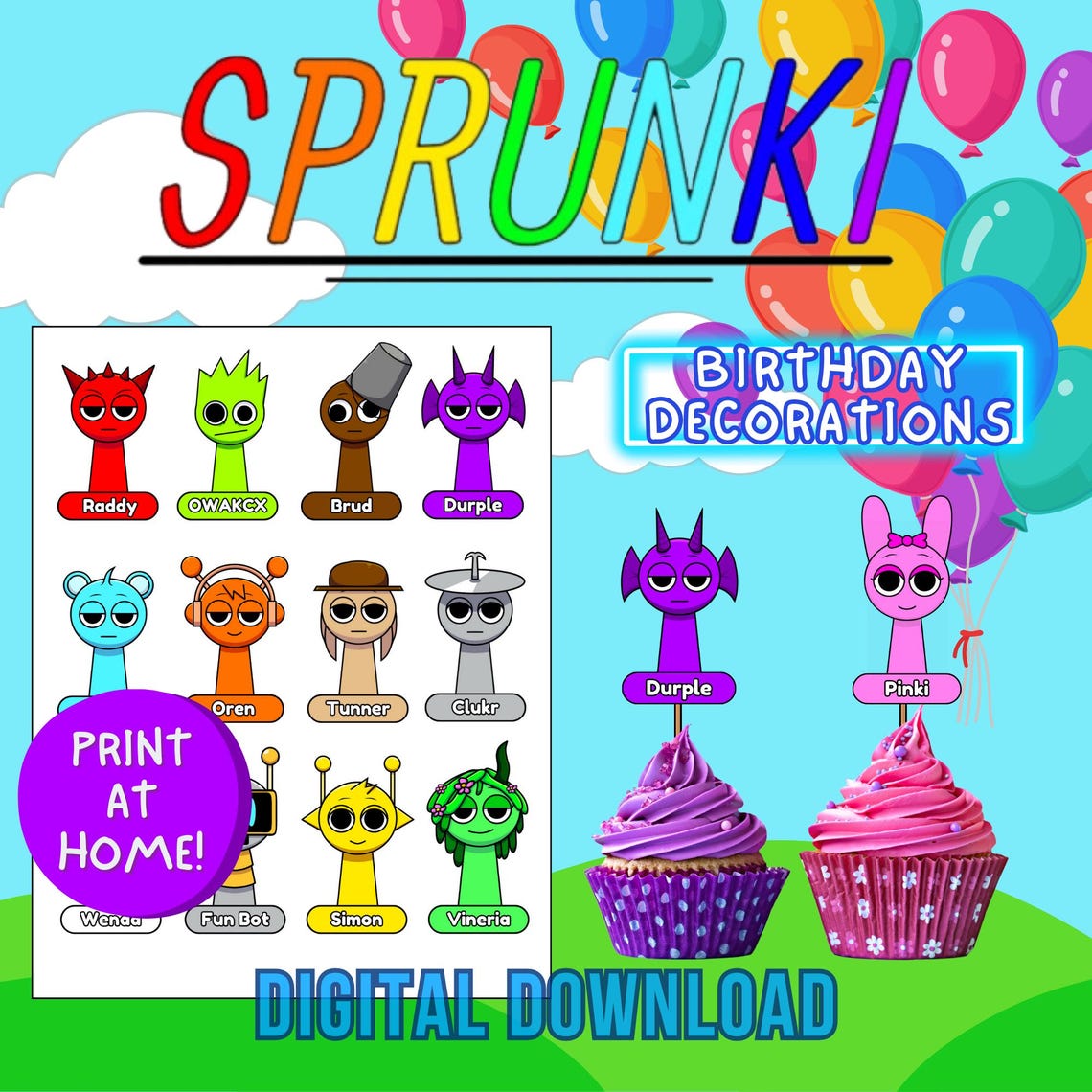 Printable Sprunki Decorations, Digital Download, Sprunki Birthday ...