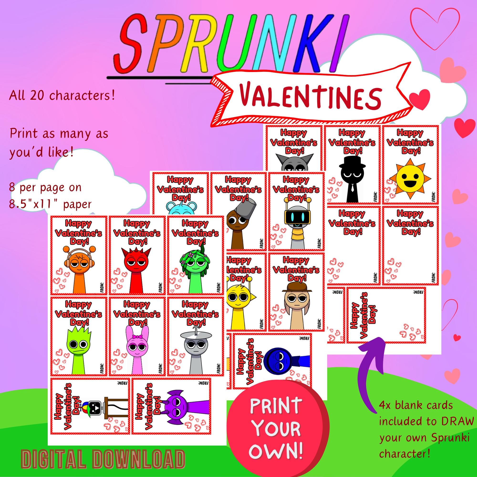 PRINT YOUR OWN Sprunki Valentines, Digital Download, Sprunki Valentine ...