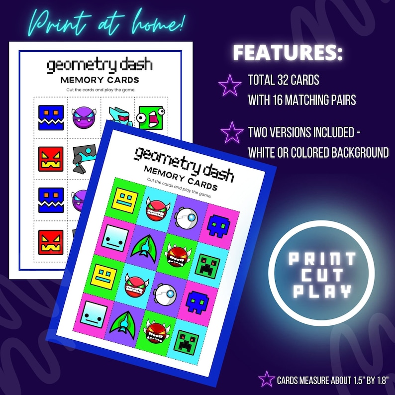 Printable Geometry Dash Memory Card Game, Birthday Party (digital ...