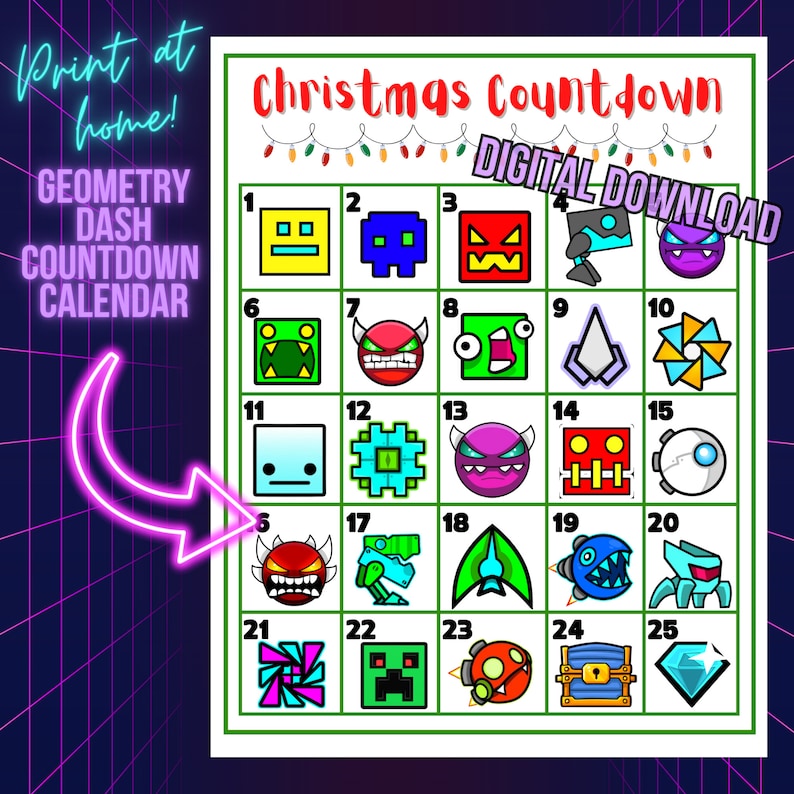 Printable Geometry Dash Countdown Calendar, Geometry Dash Advent ...