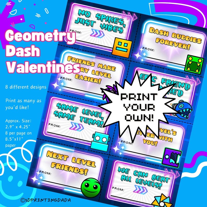 PRINT YOUR OWN Geometry Dash Valentines Cards, Printable Digital ...